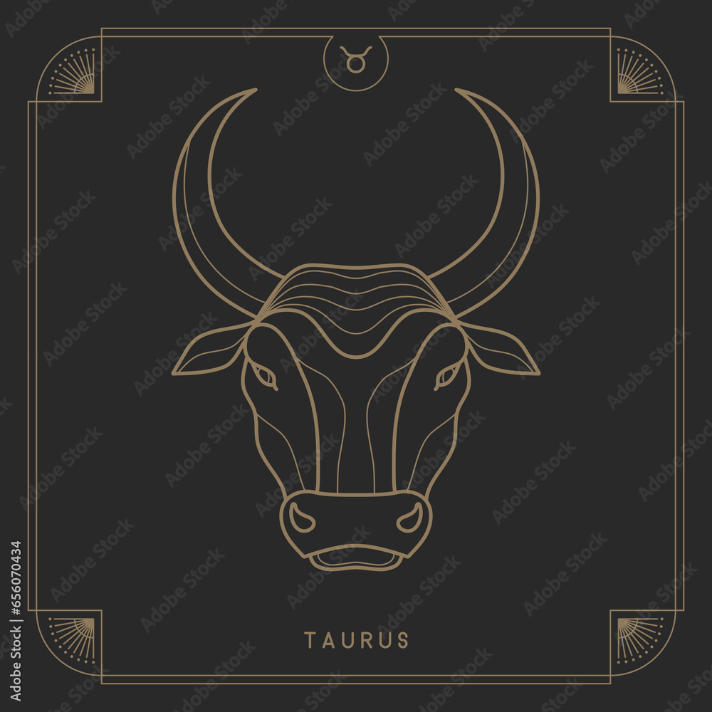 Taurus zodiac astrology antique golden line. Art deco vintage card ...