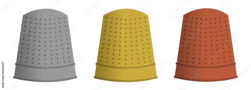 Digital illustration of silver, bronze and copper thimbles on a ...