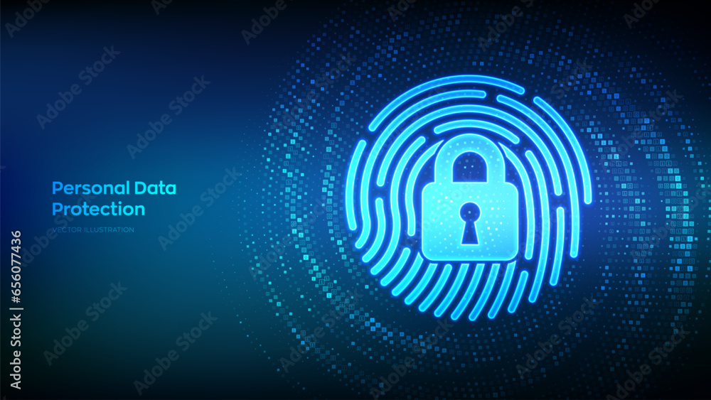 Fingerprint with padlock icon made with binary code. Personal Data protection. Cyber Security ...