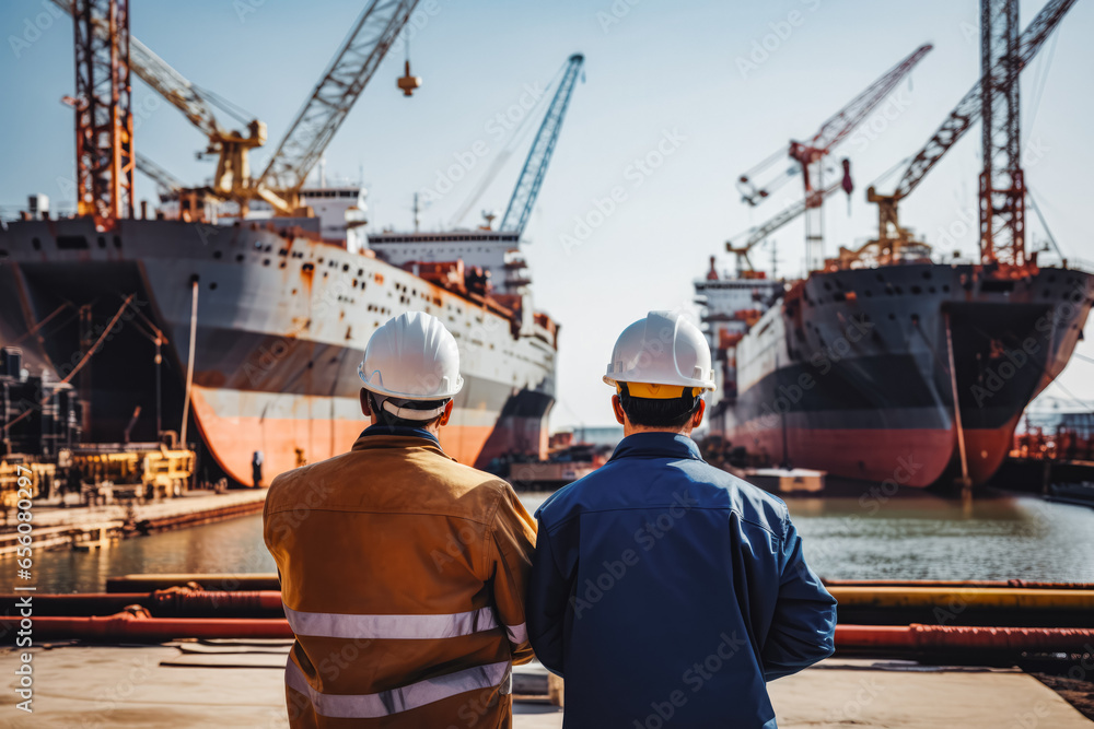 Shipyard workers looking at the ship under construction in the ...