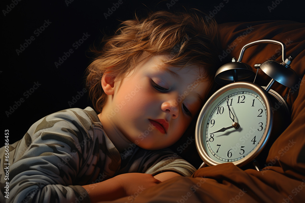 Peaceful image of young boy sleeping next to alarm clock. This picture ...