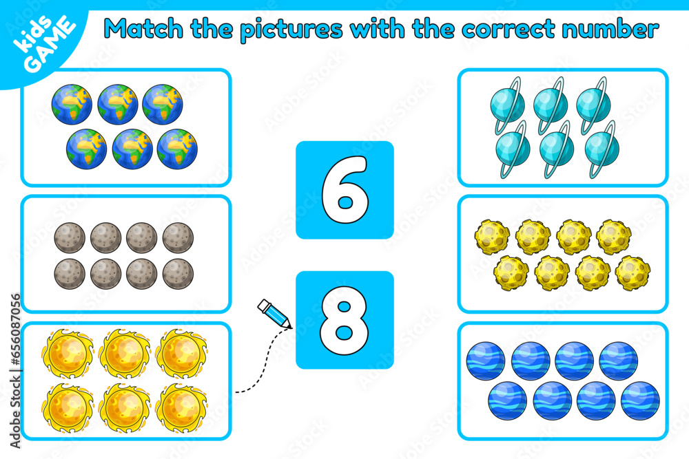 Math educational game for children. Count space planets and match it ...