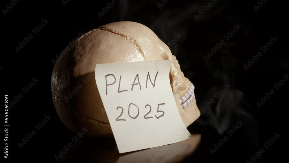 Troubled ideas for future life. A view of human skull with paper with ...