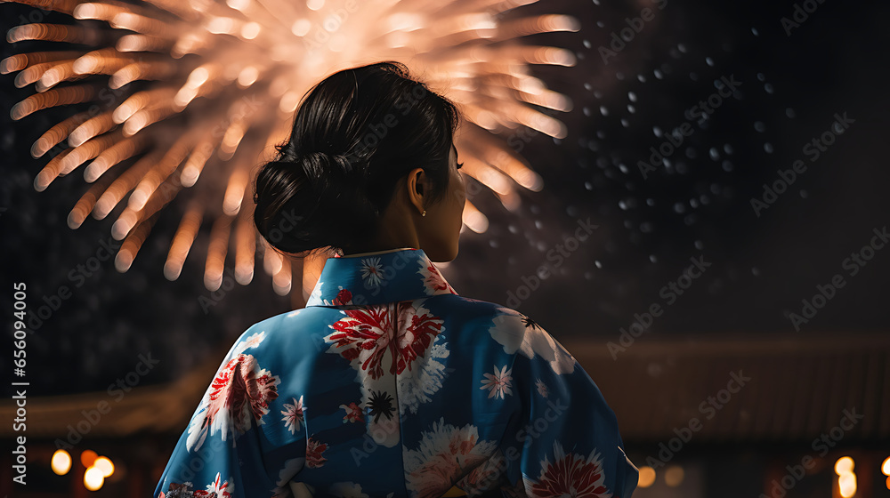 Japanese woman dressed in a yukata as she gazes in awe at the vibrant ...