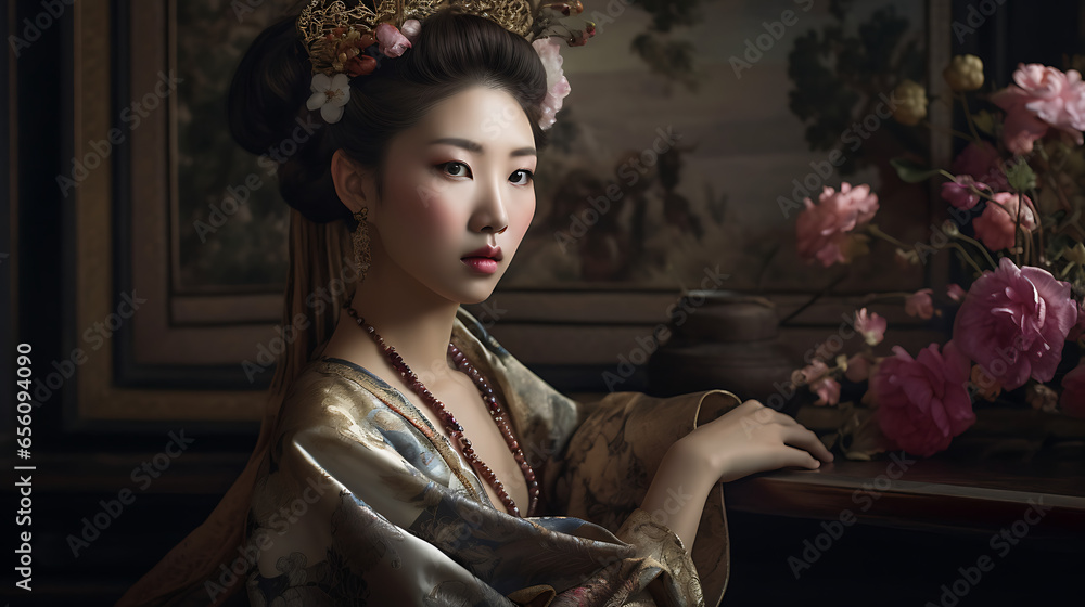 the elegance of the 1700s with a captivating image of a beautiful Asian ...