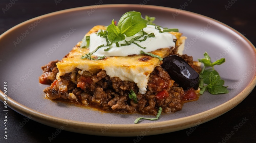 A top view of an individual portion of moussaka offers a tantalizing ...