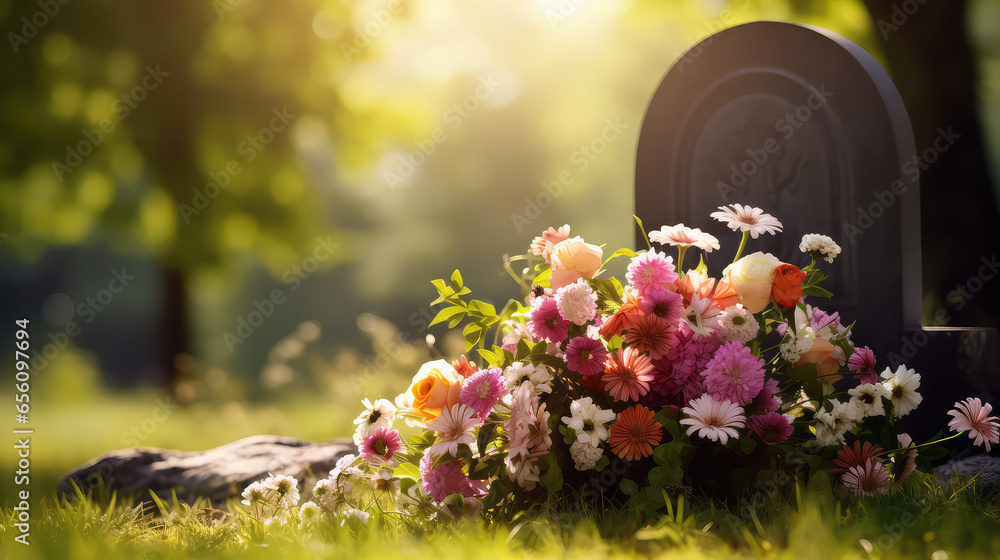Cemetery, tombstone with flowers, sunny summer day, green grass. Bright ...