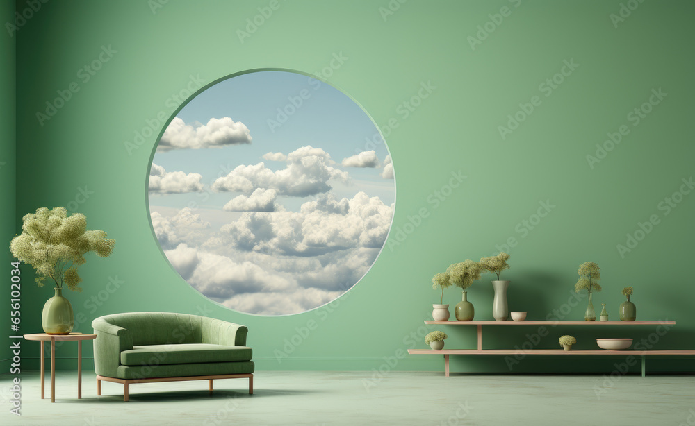 Fantasy interior of the room, hall with sofa, plants and large round ...