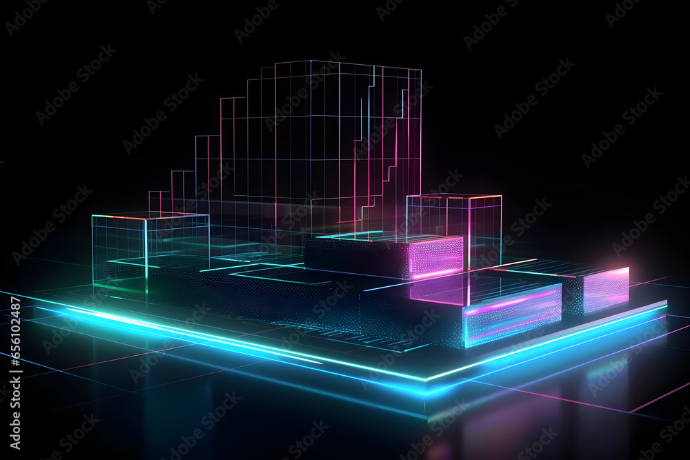 Abstract of a 3d hologram bar graphic chart in neon light on a black ...