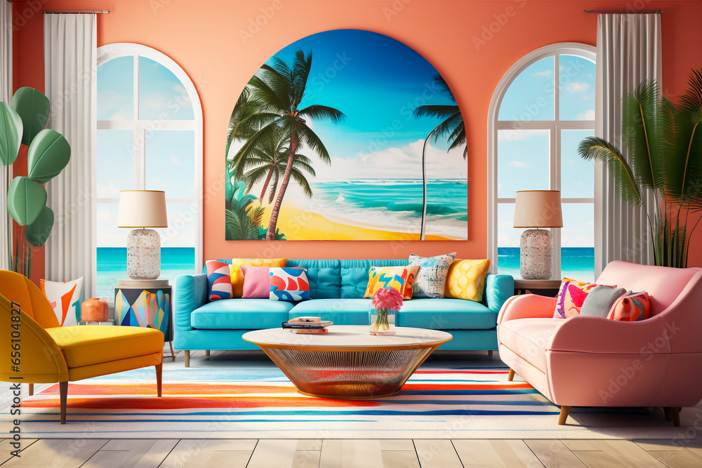 Colourful beach front sitting room with Seaview through two large arch ...