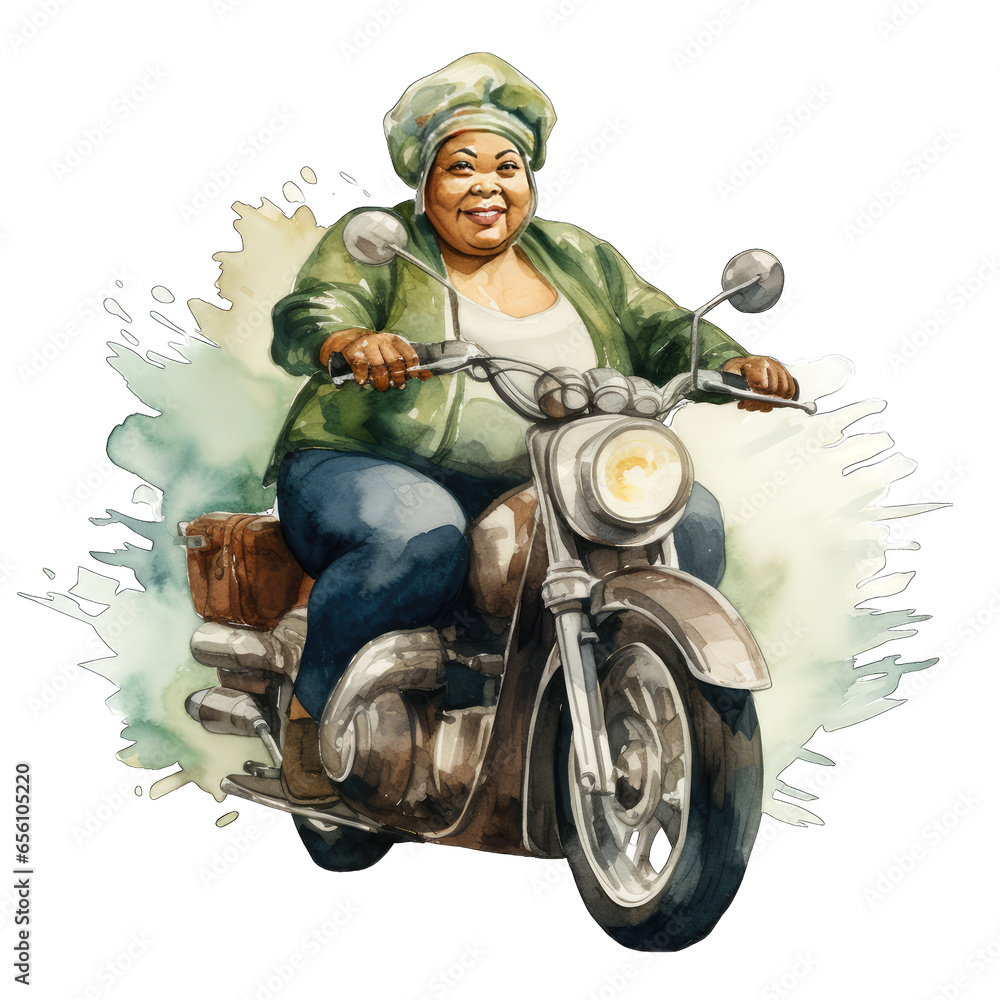 Curvy African American woman biker riding a motorcycle. Isolated on ...