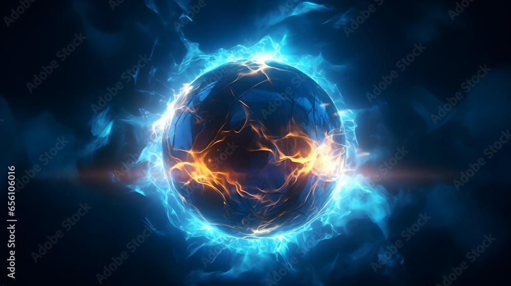 Blue electric sphere plasma ball lightning abstract background, with ...