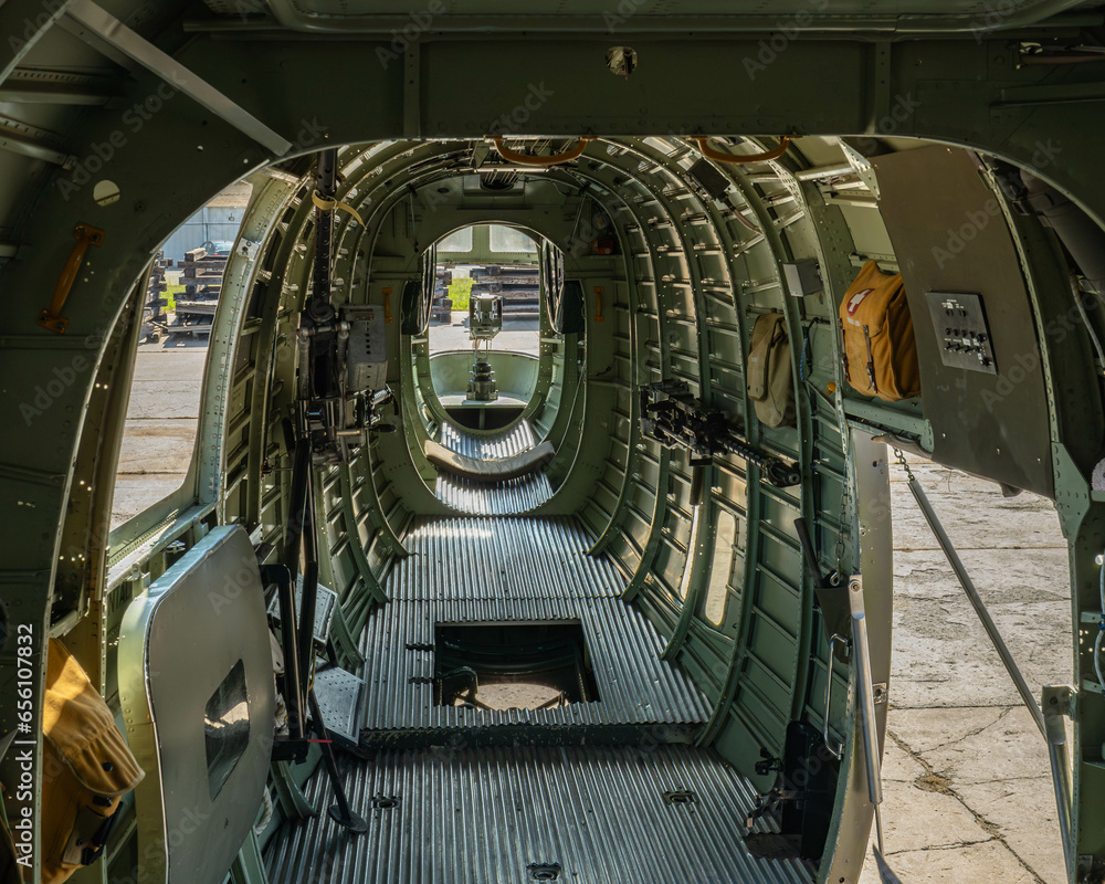 interior of B-24 liberator world war II bomber looking aft from radio ...
