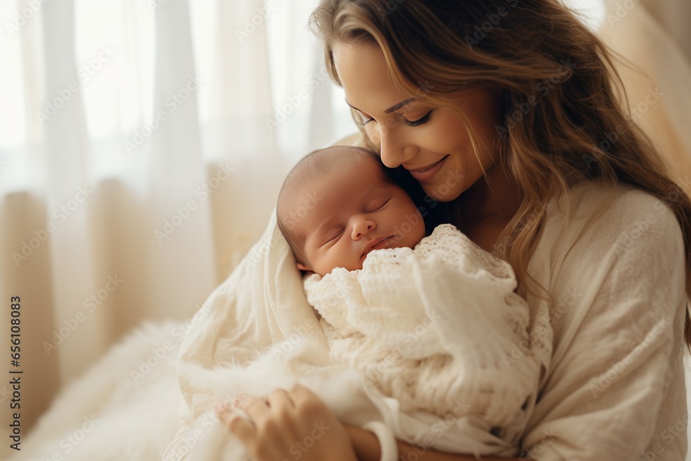 A loving mother takes care of her newborn baby at home. A bright ...