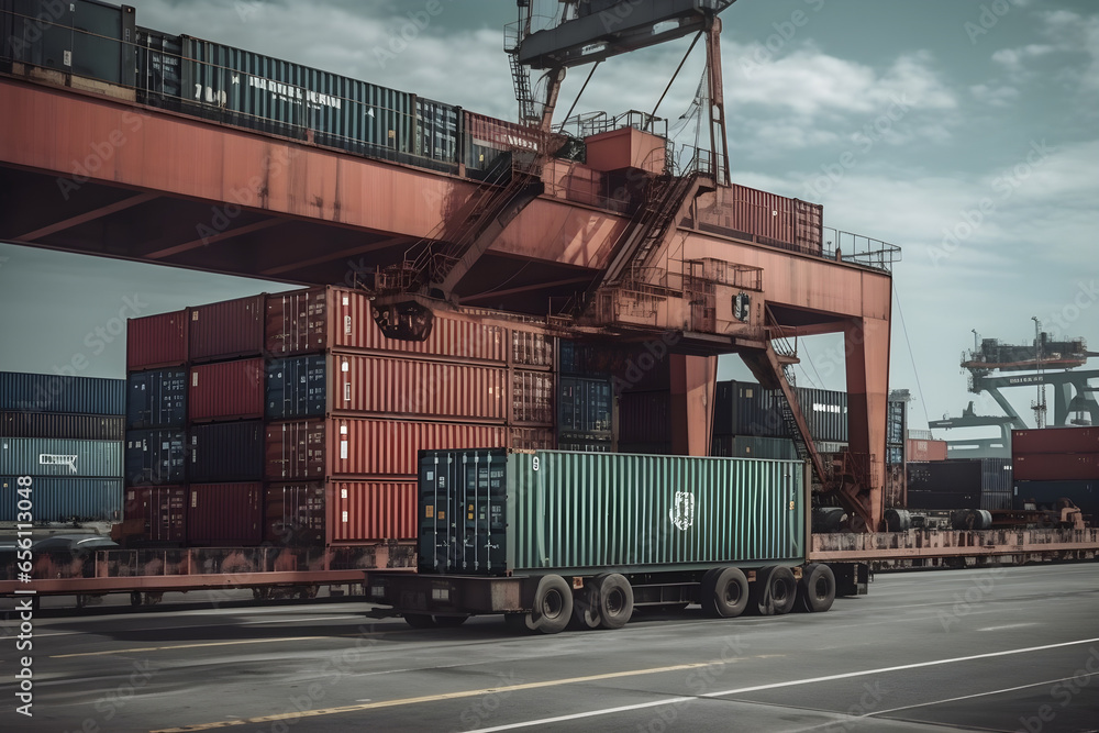 Container Cargo freight ship with working crane bridge in shipyard ...