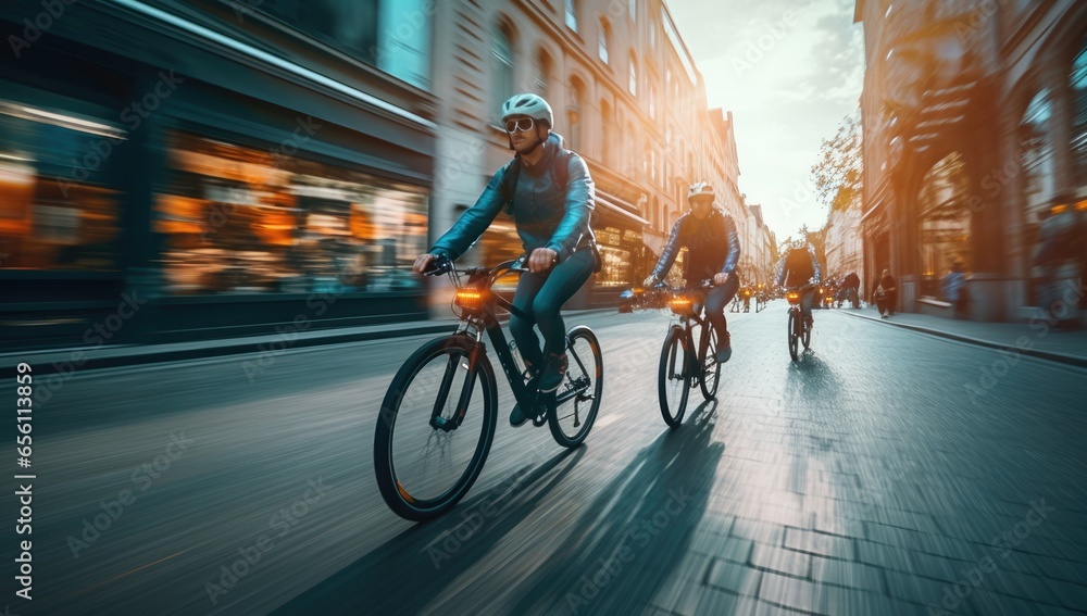 cyclist navigating through a bustling city street, capturing the ...