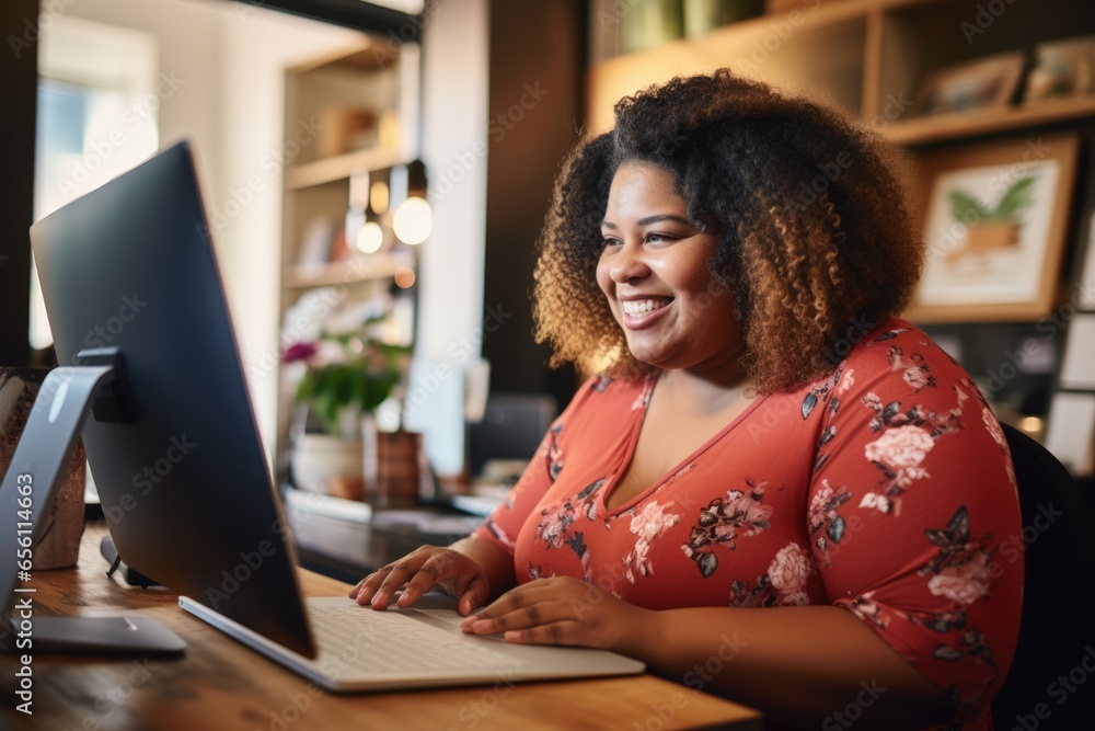 Plus size black female user grins happily as she operates a computer ...