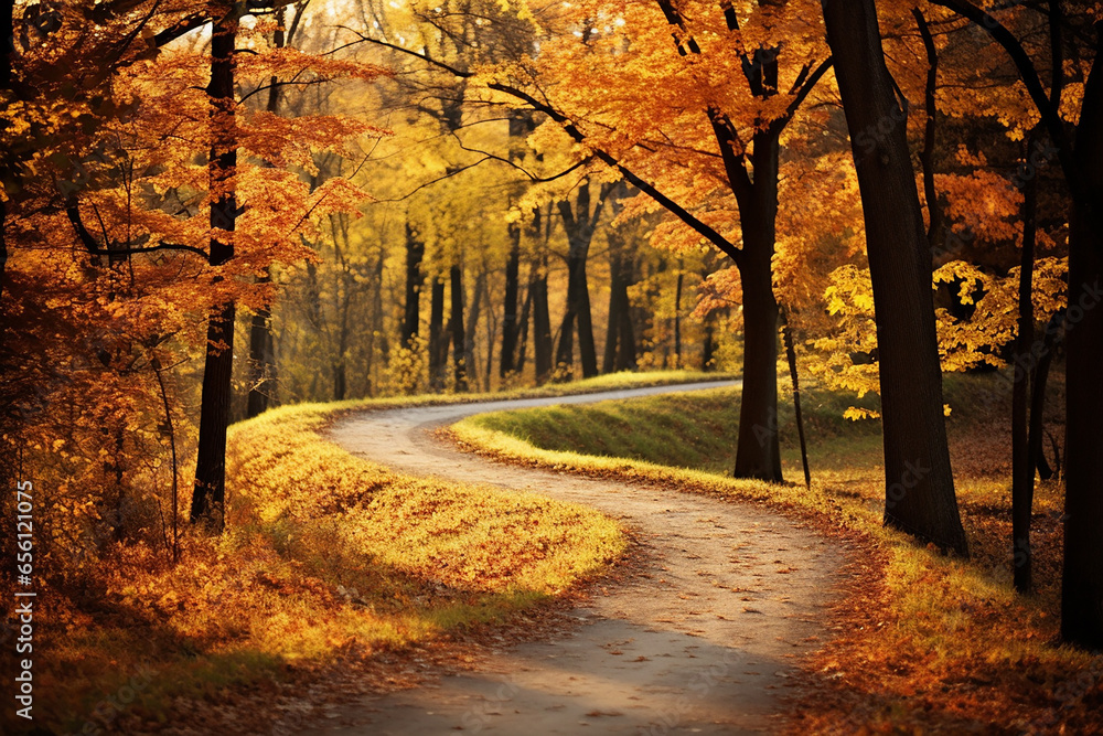 Serene Fall Nature Reserve: Winding Path Through Autumn Trees with ...