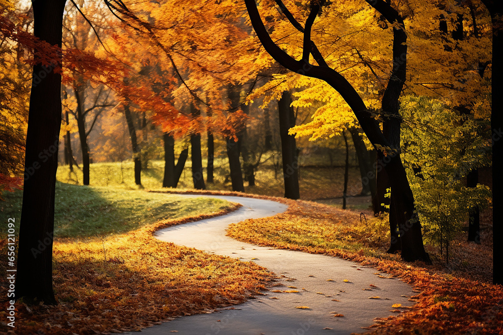 Serene Fall Nature Reserve: Winding Path Through Autumn Trees with ...