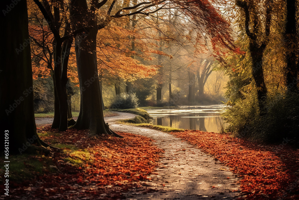 Serene Fall Nature Reserve: Winding Path Through Autumn Trees with ...