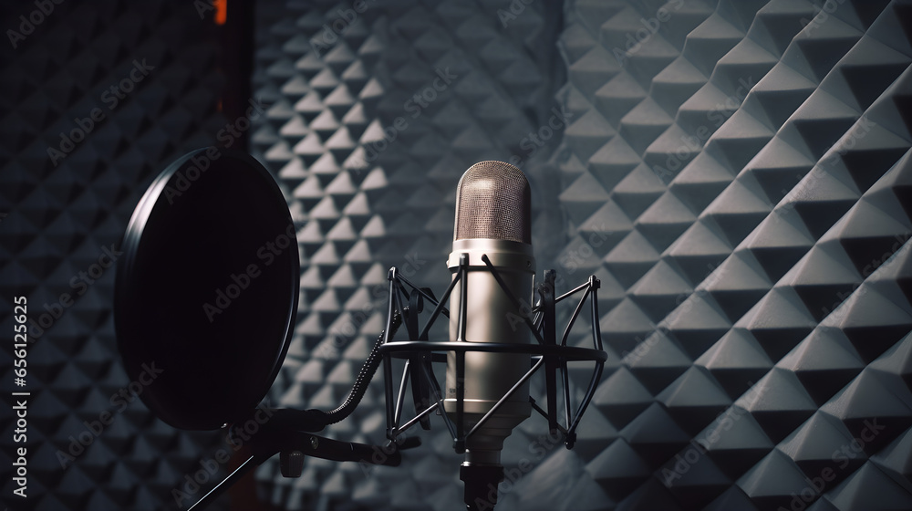 Professional condenser microphone on the background of silencers ...