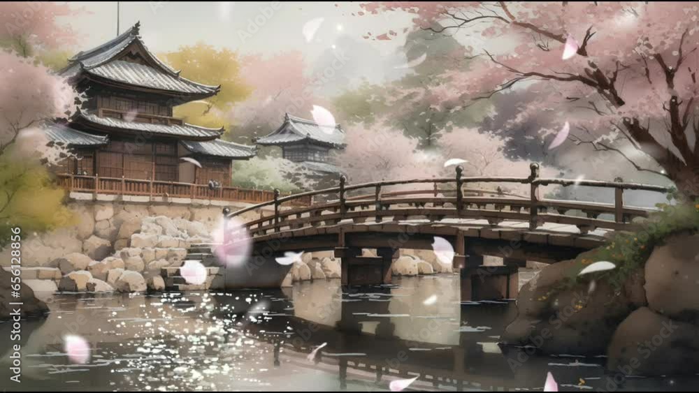 Japanese temple landscape in cherry blossom garden. Seamless loop ...