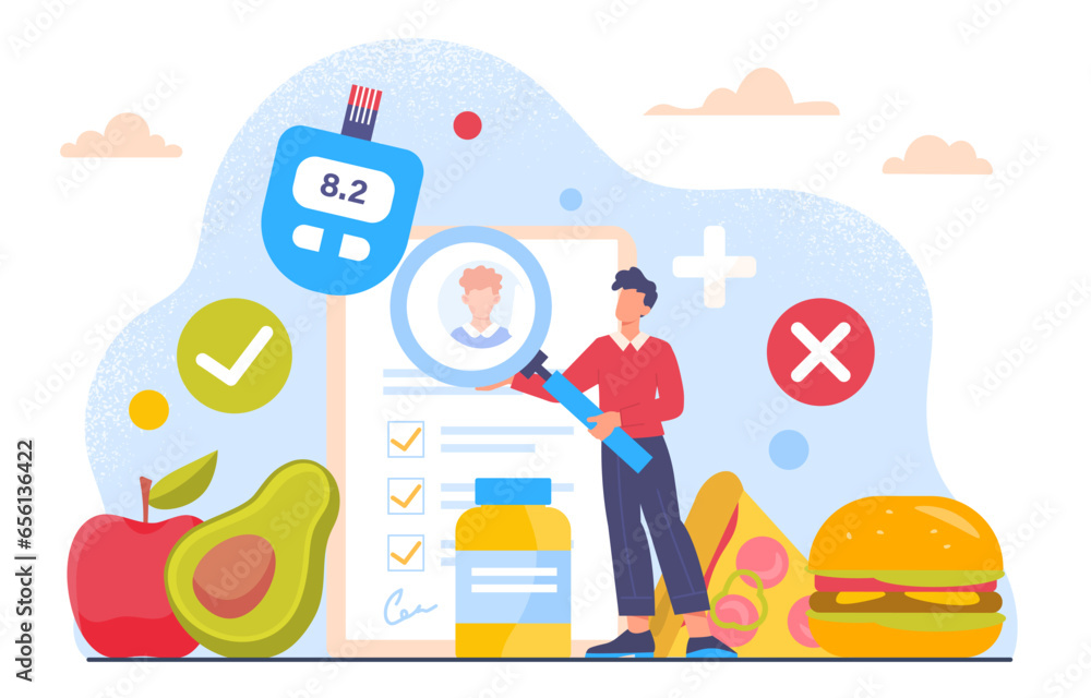Man with diabetes concept. Young guy with magnifying glass near recipe ...
