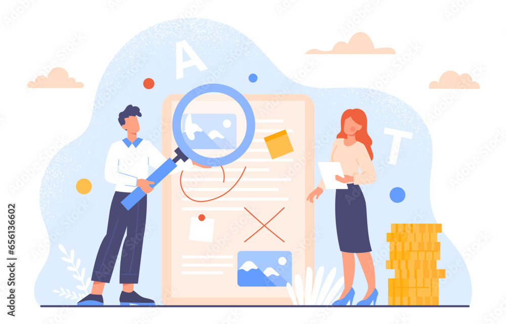 Editorial committee concept. Woman and man with magnifying glass near ...