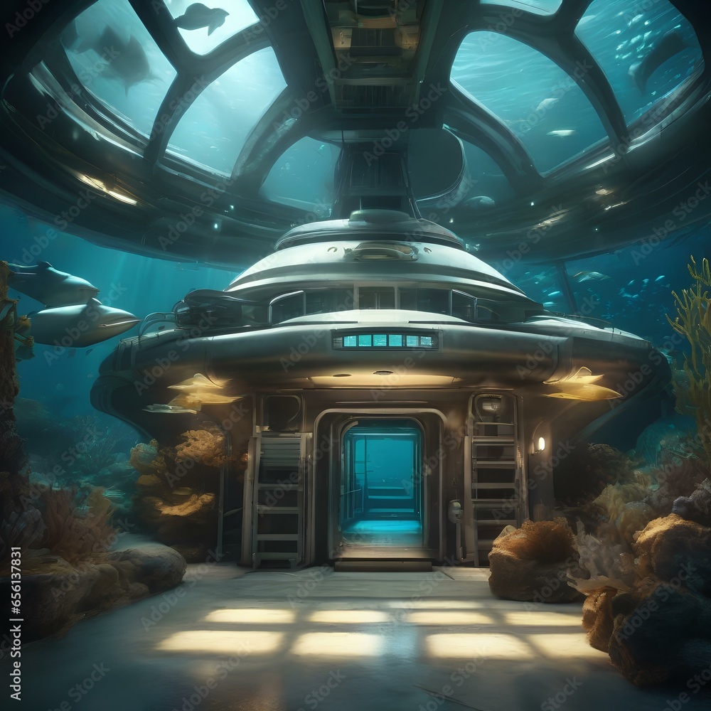 An artist's depiction of a futuristic underwater research station ...