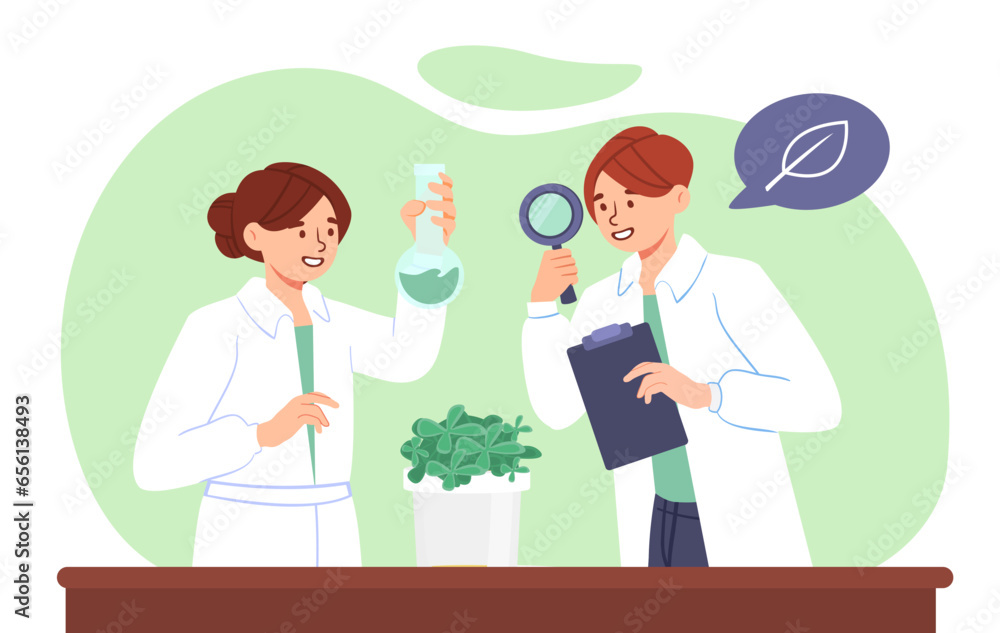 Scientists look at plant concept. Science experiment, color study ...