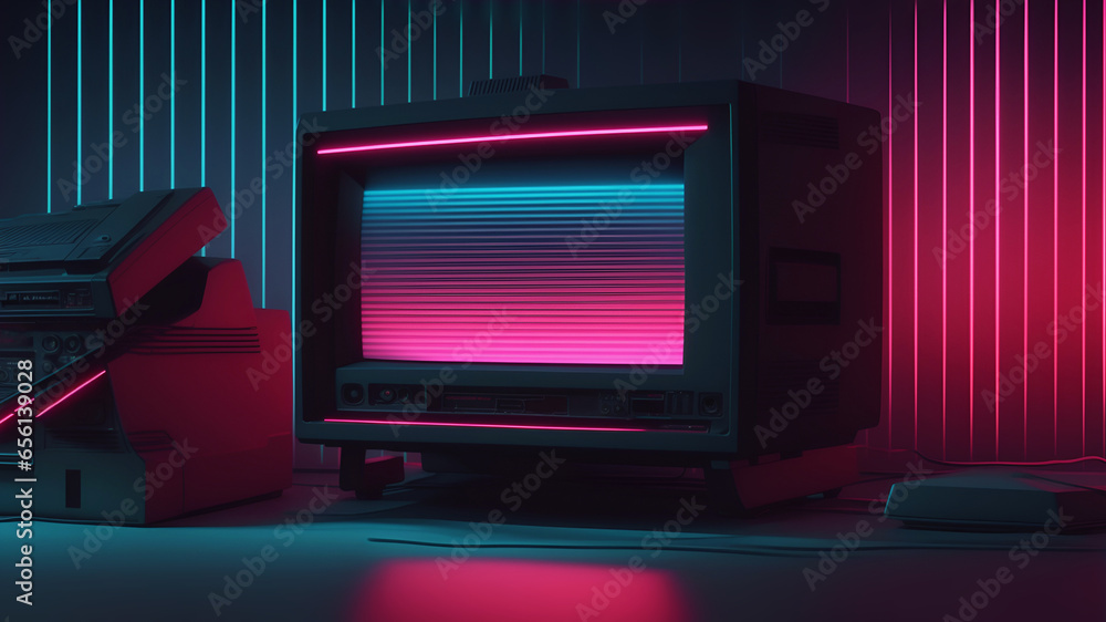 80s retro wave style background, noise effects and VHS glitches on TV ...