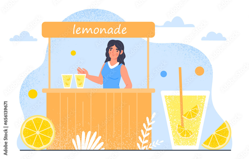 Woman sell lemonade concept. Young girl with glasses of cold soda and ...