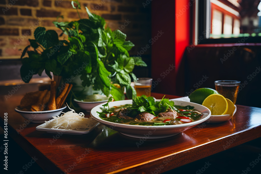 A family-owned Vietnamese pho restaurant, with a steaming bowl of pho ...