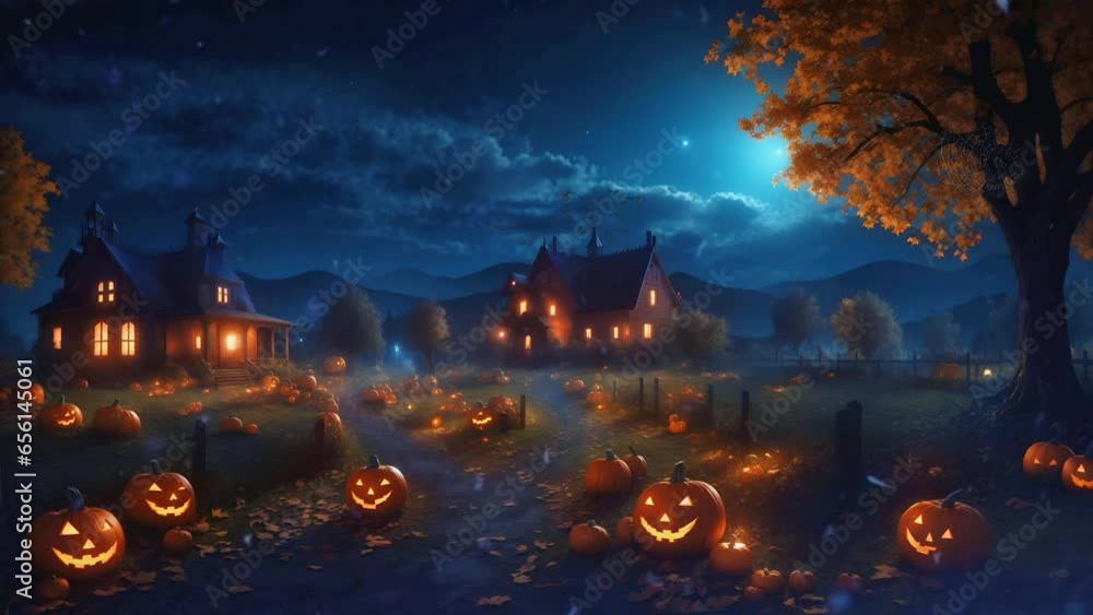 Haunted house halloween in the dark with pumpkins, seamless looping ...
