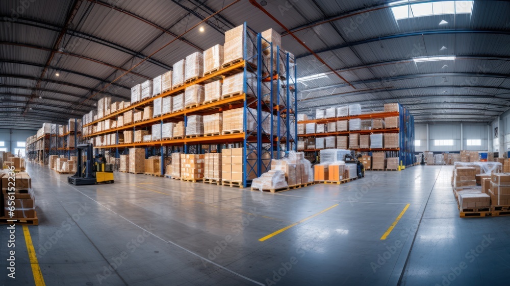 Panorama of huge distribution warehouse with high shelves with forklift ...