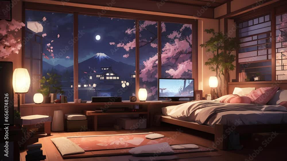 cozy japanese night interior bedroom illustration cartoon 4k animated ...