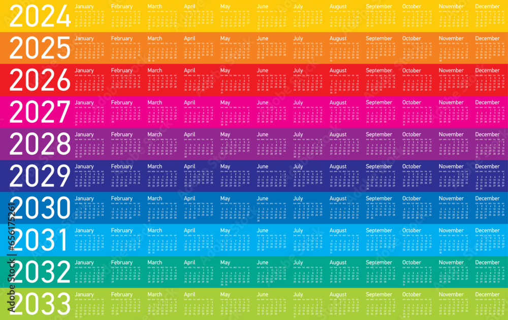 Colorful Calendar for Years 2024 to 2033, in Vector Format. Stock ...