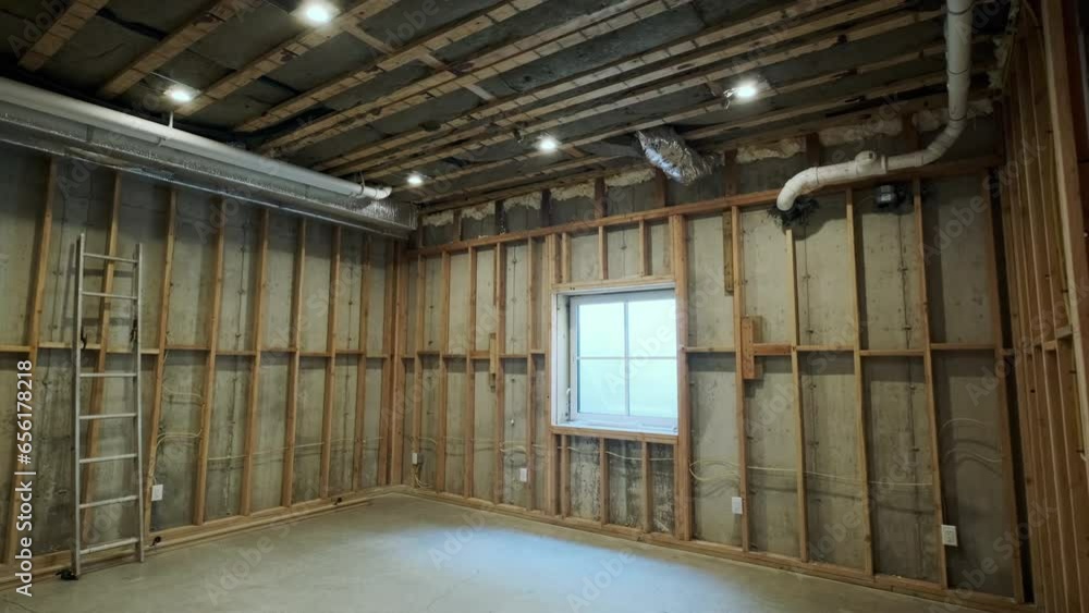 Wood building frame structure on a new development framing in basement ...