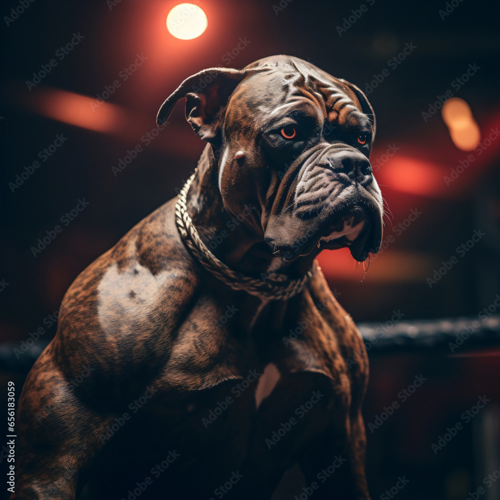 Boxer, photography, muscular, brindle, alert, in a boxing ring setting ...