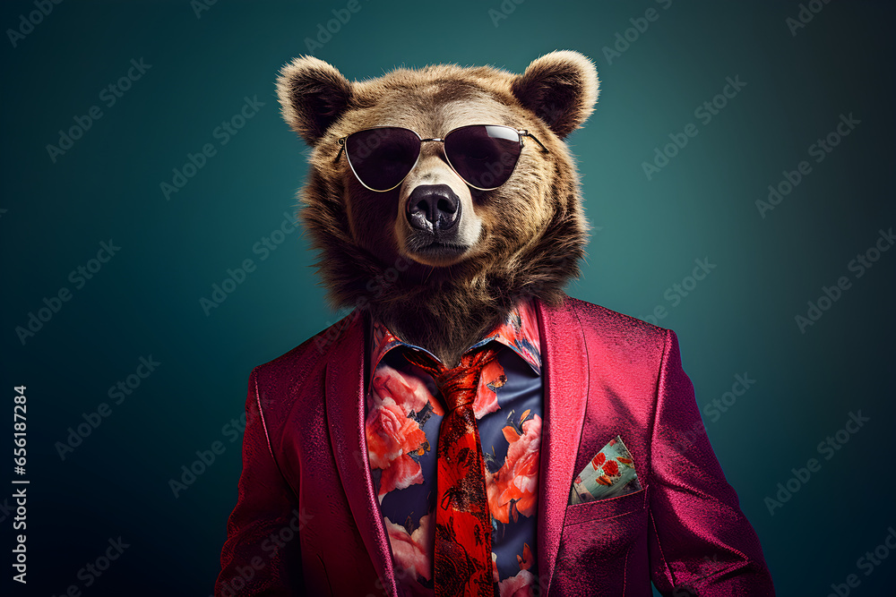 Cool looking bear wearing funky fashion dress - jacket, tie, sunglasses ...