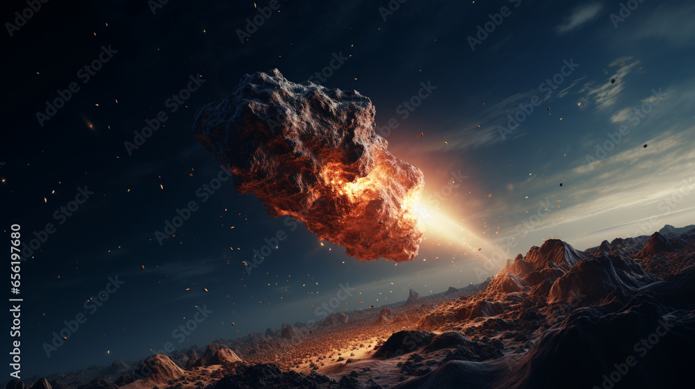 meteor hits the ground scattering around, cinematic color grading ...