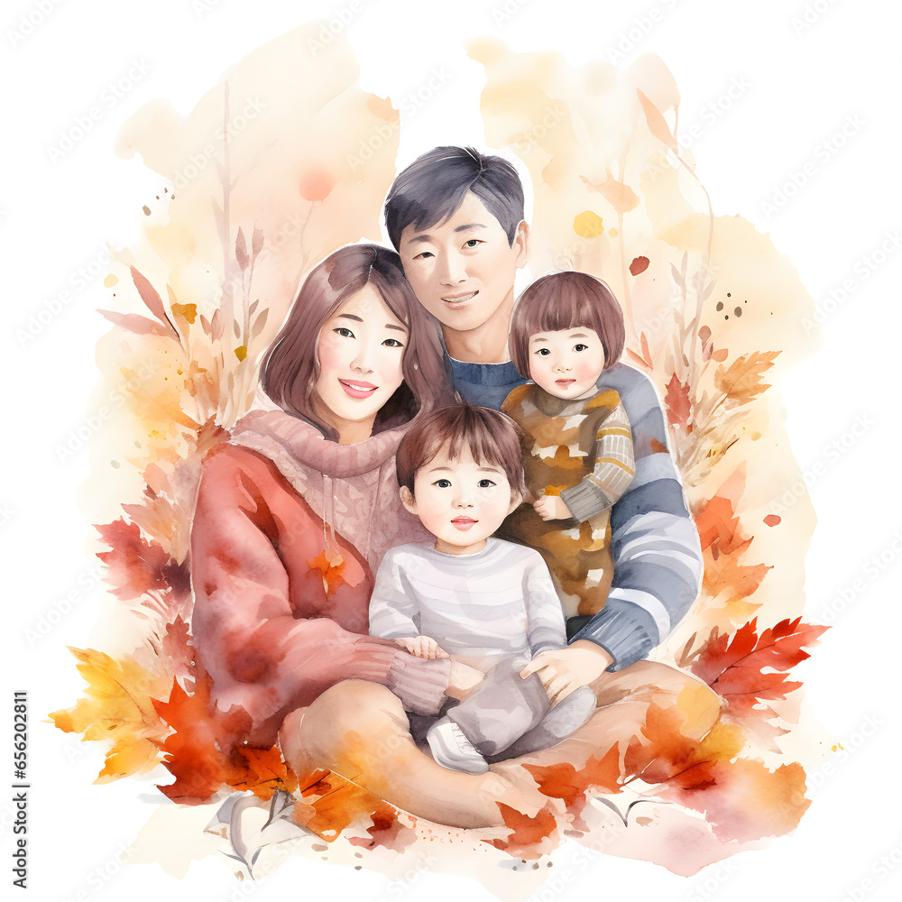 Cozy Autumn Family, Family Portrait, Watercolor clipart, Asian American ...