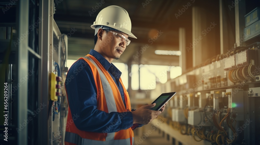 real photo of Asian electrical engineer wearing safety helmet ...