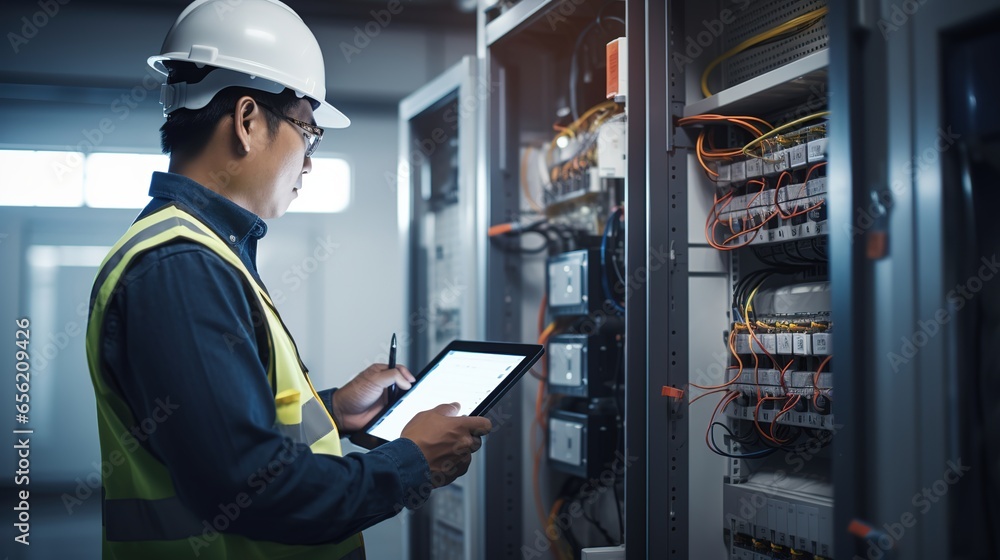 real photo of Asian electrical engineer wearing safety helmet ...