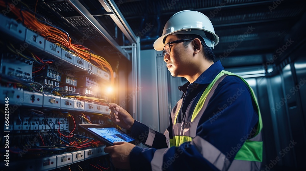 real photo of Asian electrical engineer wearing safety helmet ...
