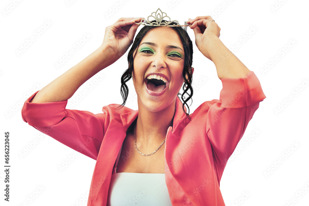 Portrait, energy and princess tiara with a woman isolated on ...