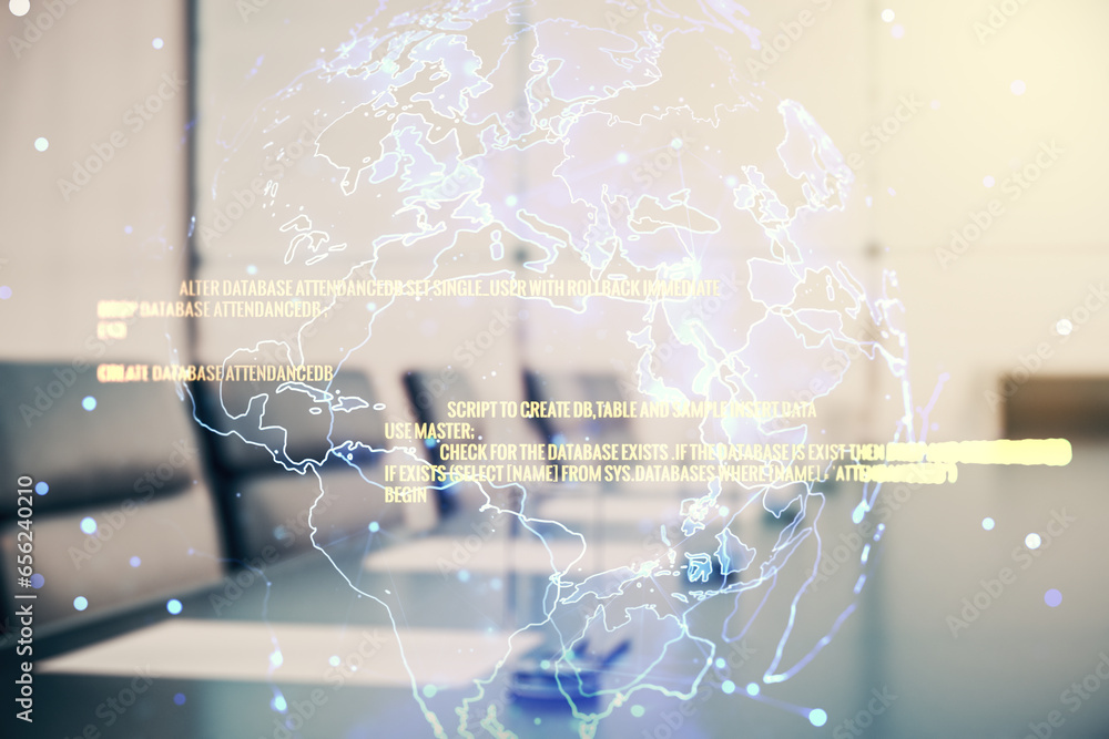 Multi exposure of abstract programming language hologram and world map ...