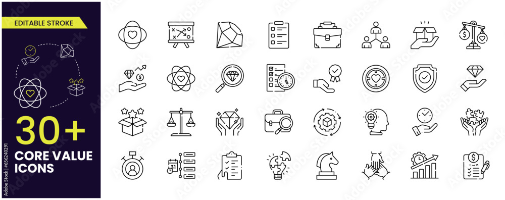 Core values editable strokes icon, contains Honesty, Stakeholders ...