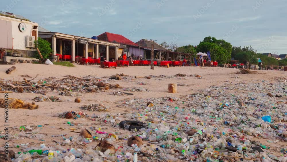 Bali Beach littered plastic waste. Indonesia is one of the world ...