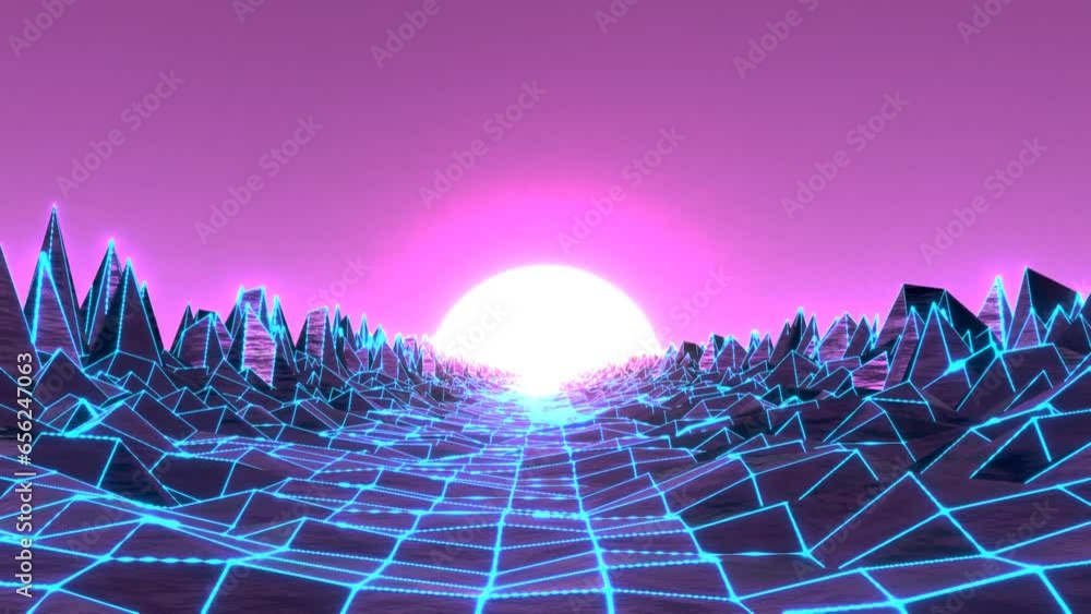80's retro Vaporwave Scene and neon wireframe sci-fi looping animation ...